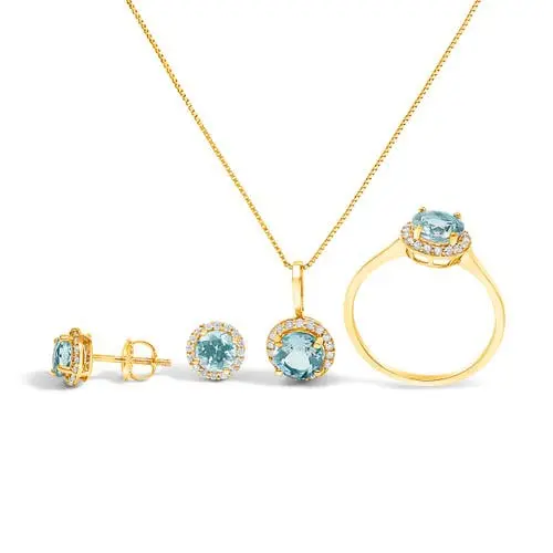 HAUS OF BRILLIANCE 10k Gold Gemstone And Diamond Halo Jewelry Set - Yellow | Blue Aquamarine